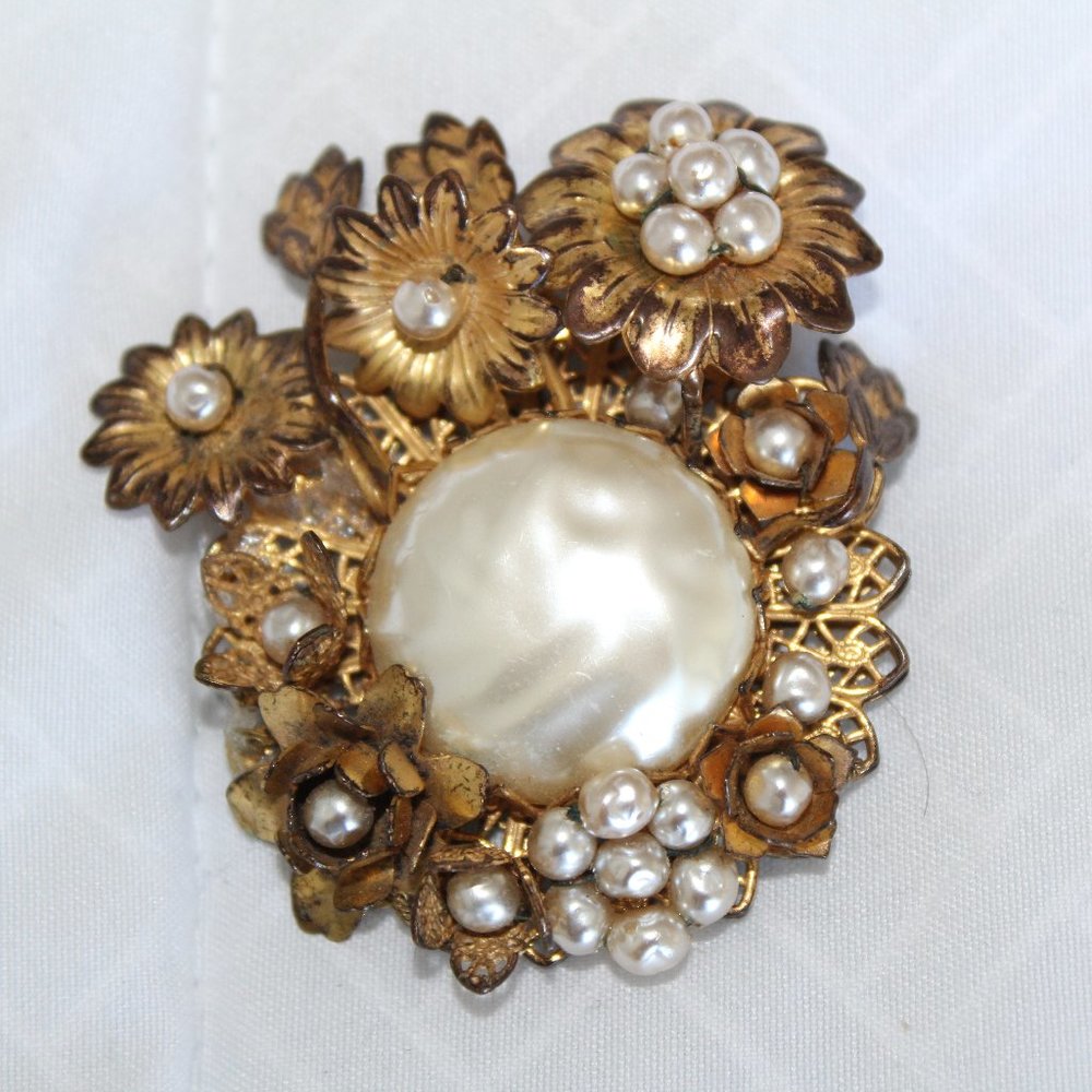 Signed Gorgeous Vintage Miriam Haskell Pearl Gold Ton… - Gem